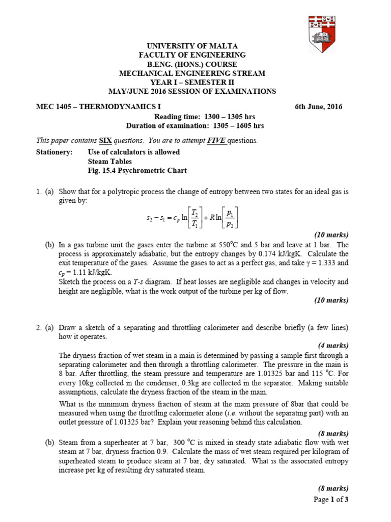 MEC 1405 Thermodynamics I FINAL | PDF