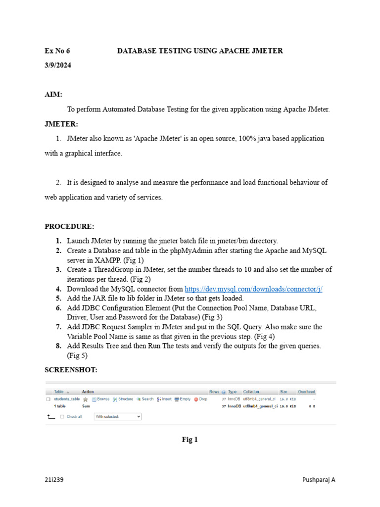 Exno6 Database Testing Using Apache Jmeter 3/9/2024: 21I239 Pushparaj A ...