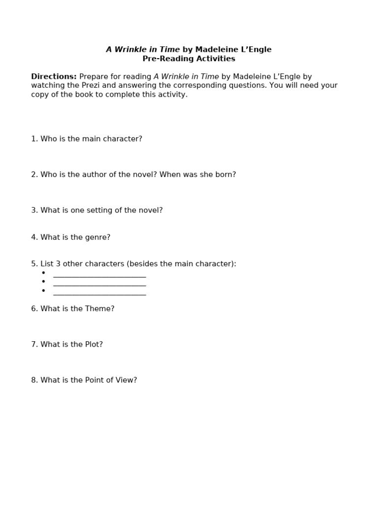 Aneesa McLean - Wrinkle Pre-Reading Activity | PDF