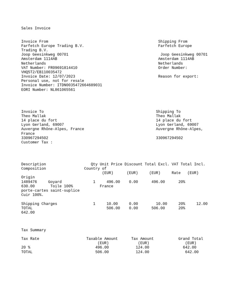 699868327 Facture Farfetch Porte Carte Goyard | PDF