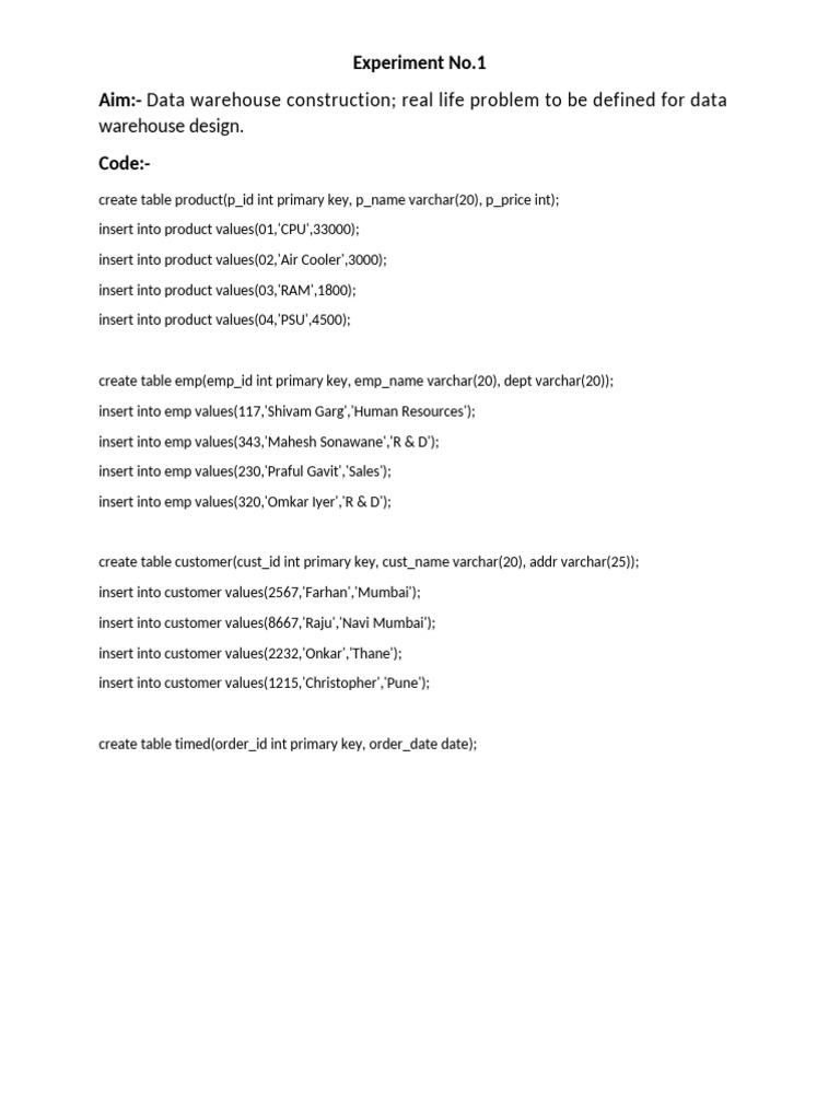 1 Data Warehouse Construction Real Life Problem To Be Defined For Data ...