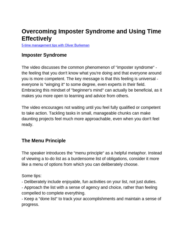 Overcoming Imposter Syndrome and Using Time Effectively | PDF