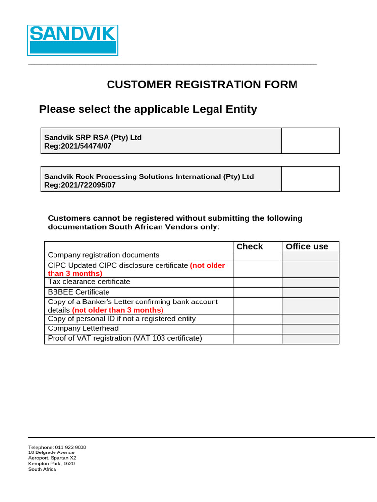 Customer Registration Form SRP Rsa&int - 09.23 Sandvik T'S & C'S | PDF ...
