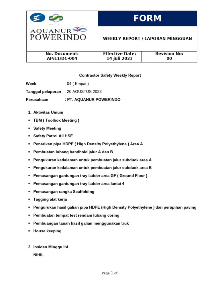 Form Weekly Report Ke 4 | PDF