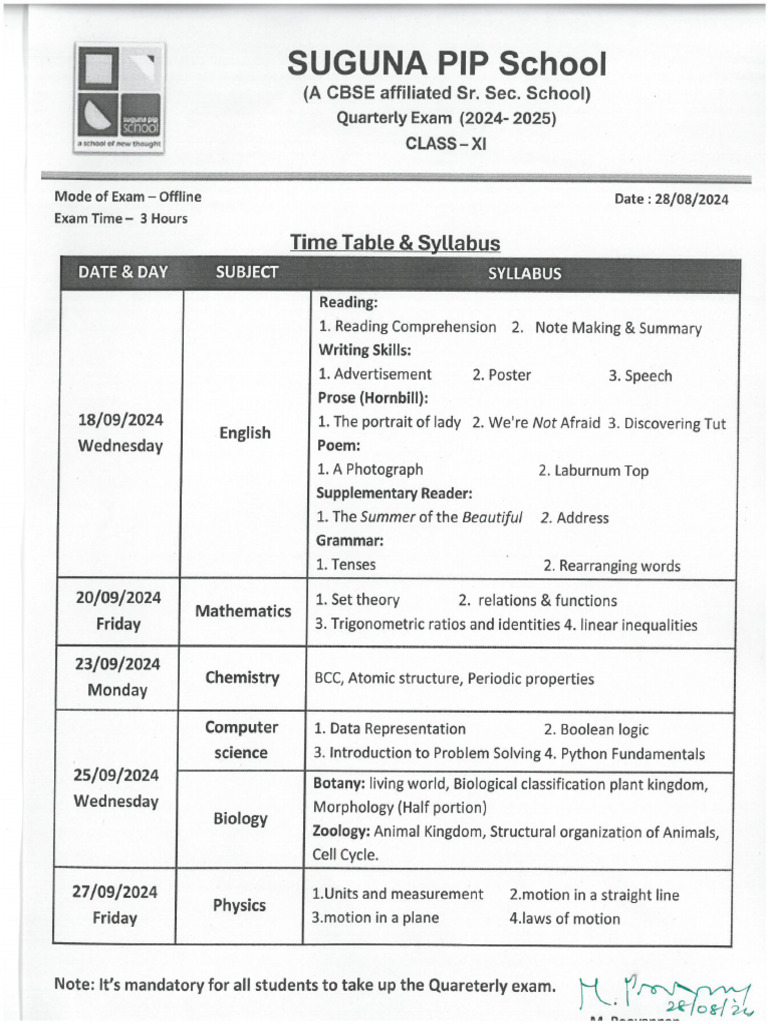 Class - 11 - Quaterly Exam Timetable & Syllabus - 2024 | PDF