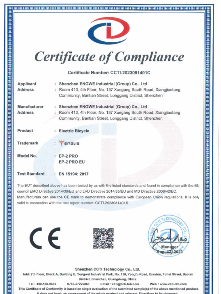 EP-2 PRO CE en 15194 Certificate | PDF