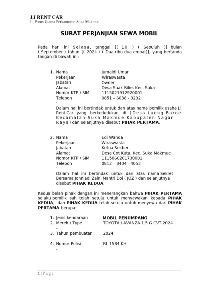 Surat Perjanjian Sewa Mobil Ji Rent Car | PDF
