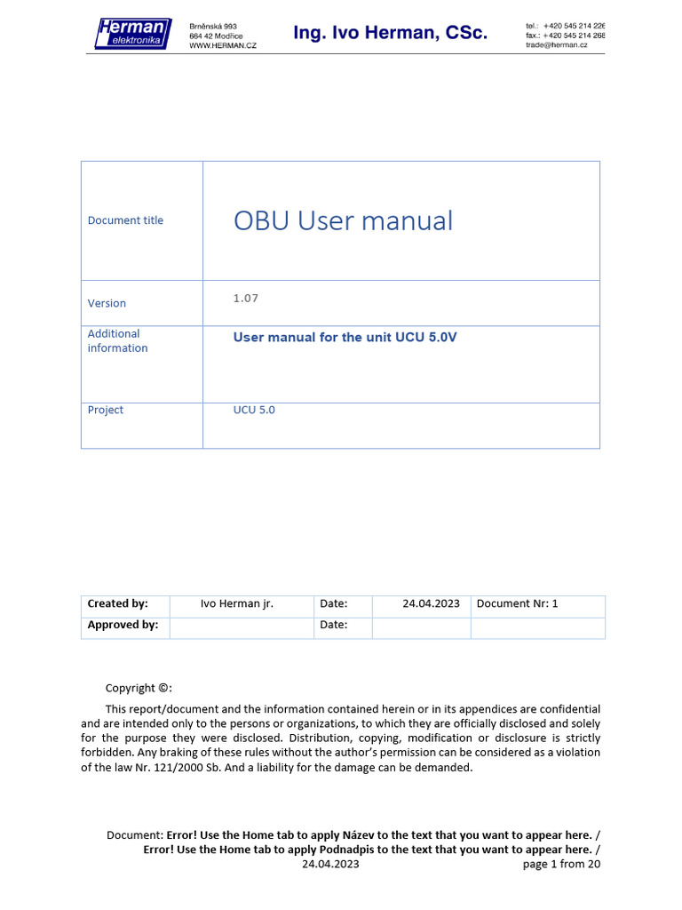 Appendix A - OBU User manual 1.07 | PDF