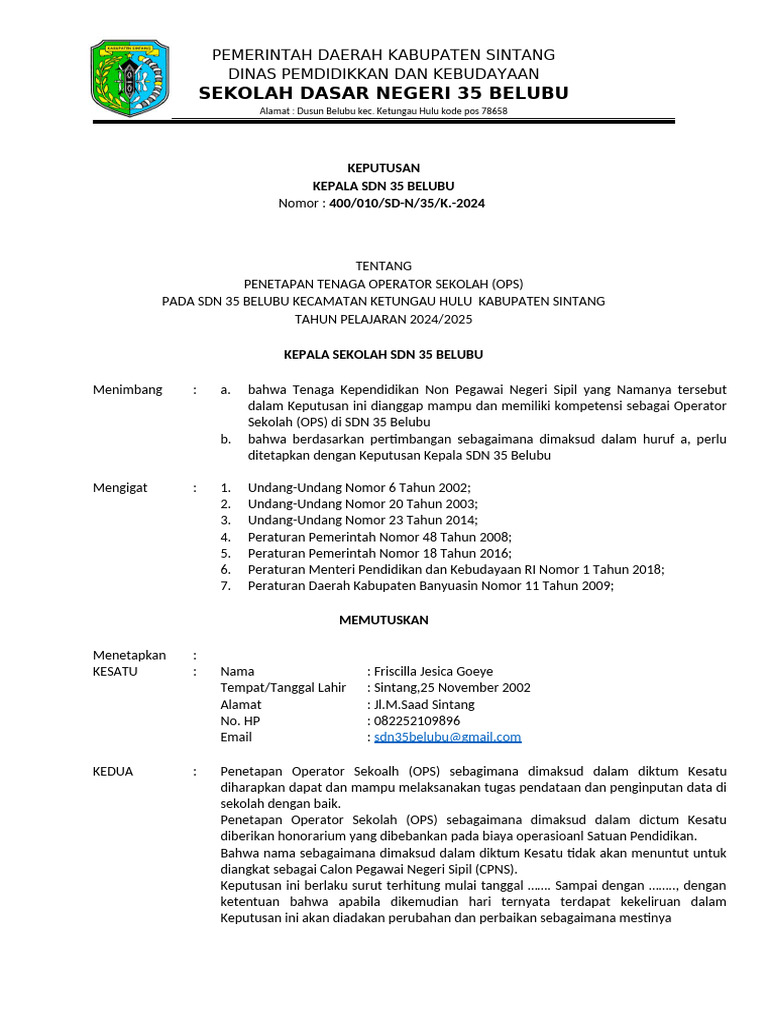 Format SK Operator Dan Permohonan Akun Dapodik | PDF