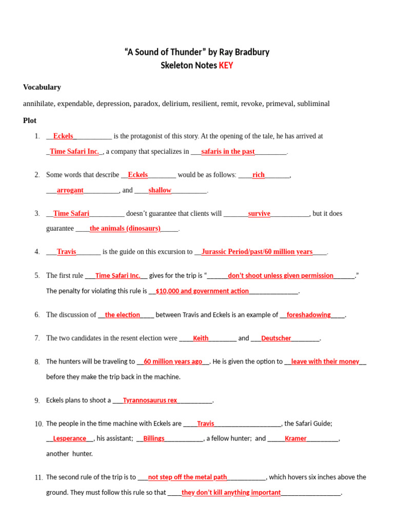 A Sound of Thunder Skeleton Notes KEY.docx | PDF