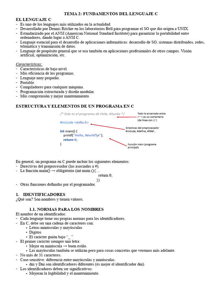 Tema 2. Fundamentos del lenguaje C. | PDF