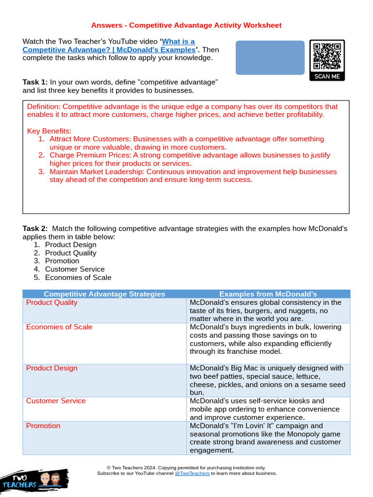 Answers - Competitive Advantage Activity Worksheet | PDF