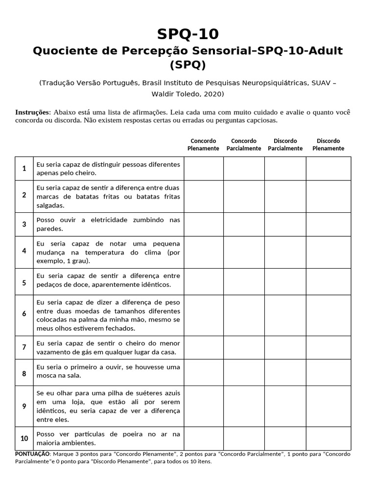 Quociente de Percepção Sensorial-SPQ-10-Adult | PDF