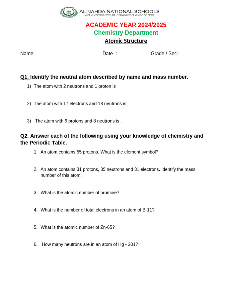 Isotopes and Ions Practice Work Sheet | PDF