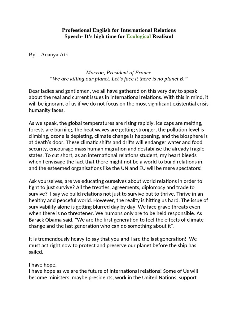 Ananya - IR Speech - Ecological Realism | PDF
