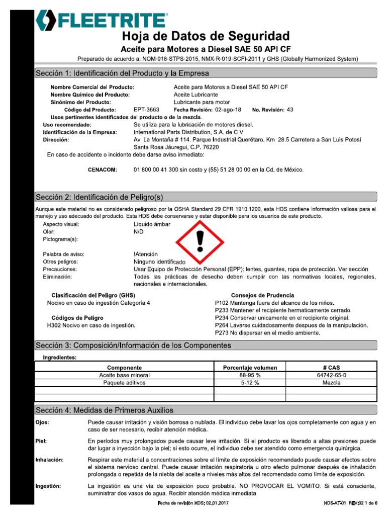 Aceite Diesel SAE 50 CF - CF - 2 HM9 Lubricante | PDF