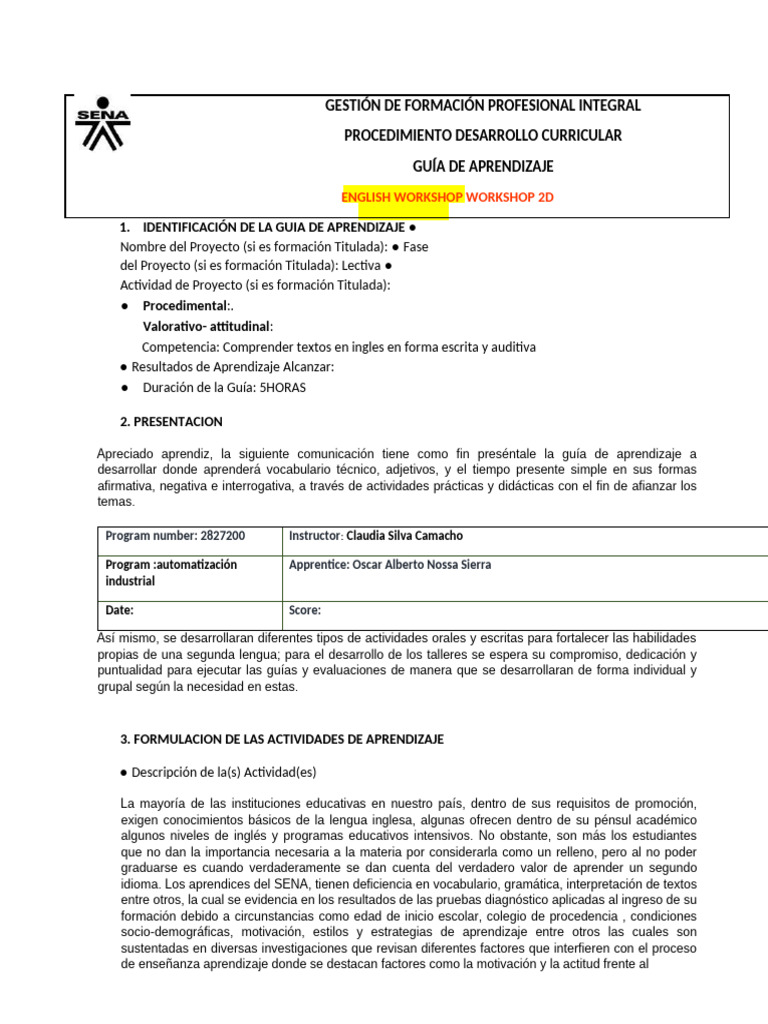 ENGLISH WORKSHOP 2D -Oscar | PDF