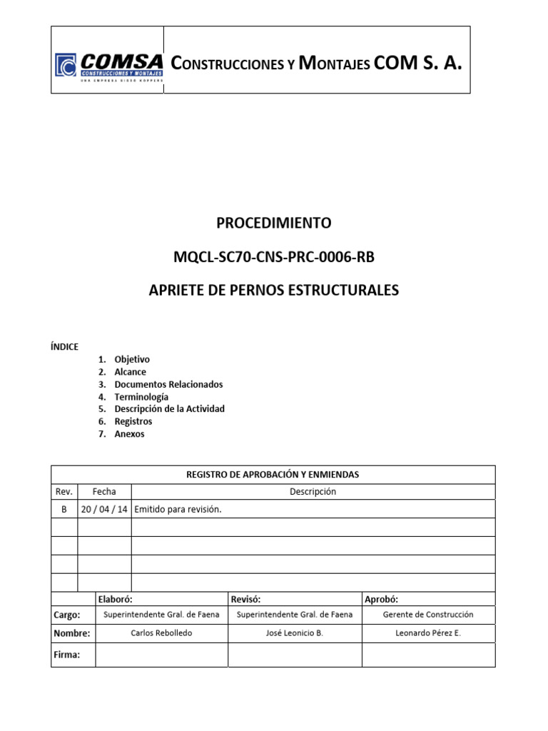 MQCL-SC70-CNS-PRC-0006 RB - Apriete de Pernos Estructurales | PDF | Tornillo | Presión