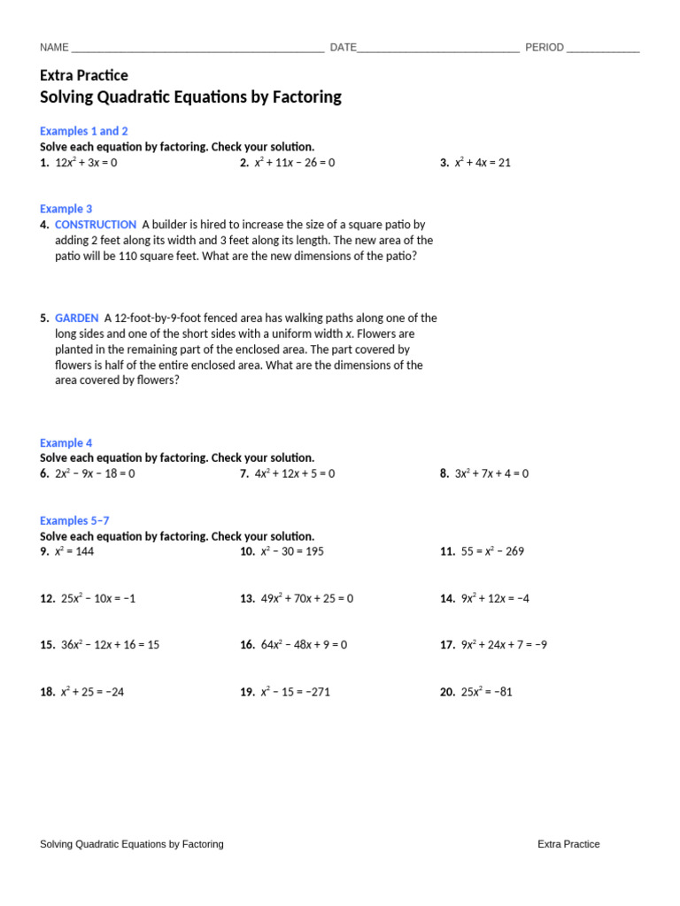 Solving Quadratic Equations by Factoring - Extra Practice | PDF