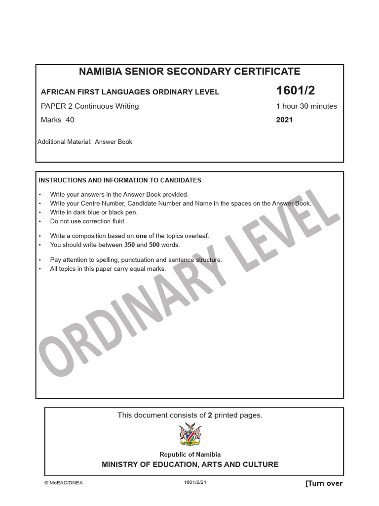Ordinar Y Level: Namibia Senior Secondary Certificate | PDF