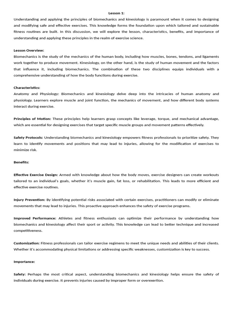 Lesson 1 Understanding and Applying the Principles of Biomechanics and ...