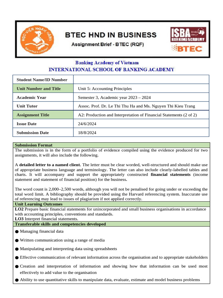 Student Name/ID Number Unit Number and Title Academic Year Unit Tutor Assignment Title Issue ...