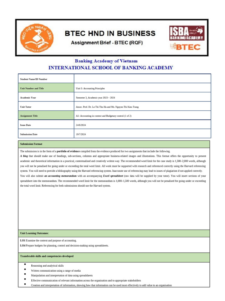 Student Name/ID Number: Unit 5: Accounting Principles | PDF