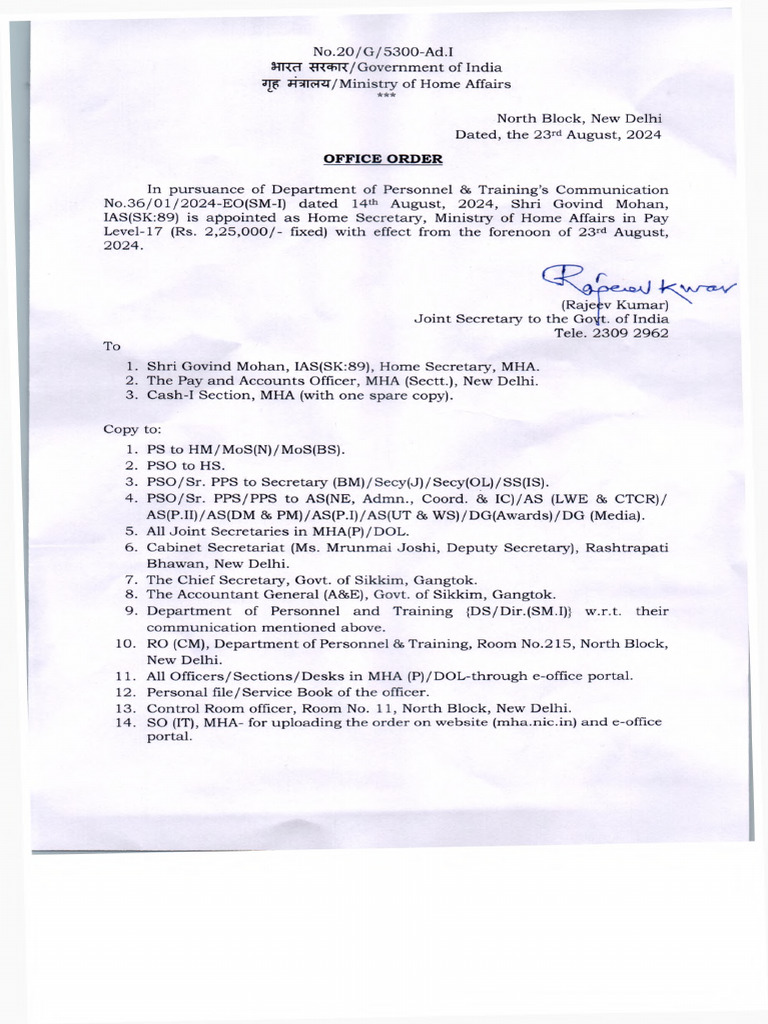 Govind Mohan Appointed Home Secretary | PDF