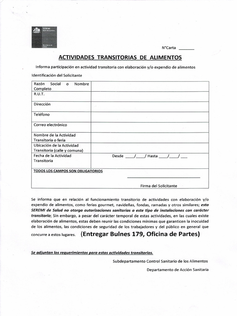 Formulario de Actividades Transitorias Seremi | PDF