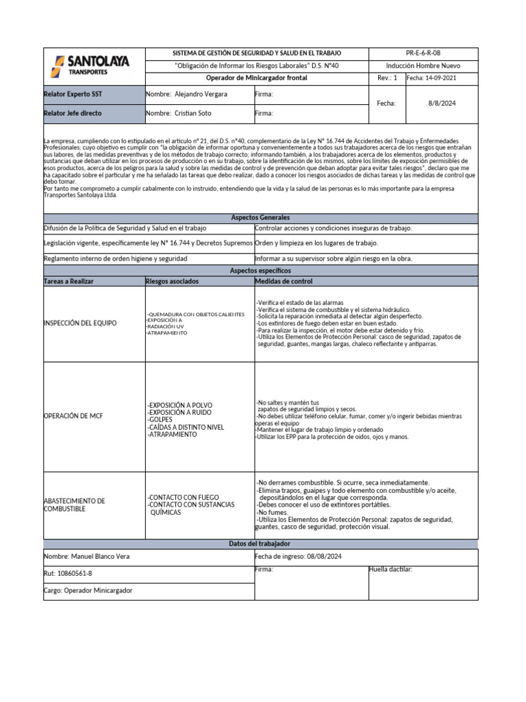 Operador de Minicargador Frontal Relator Experto SST Relator Jefe Directo | PDF