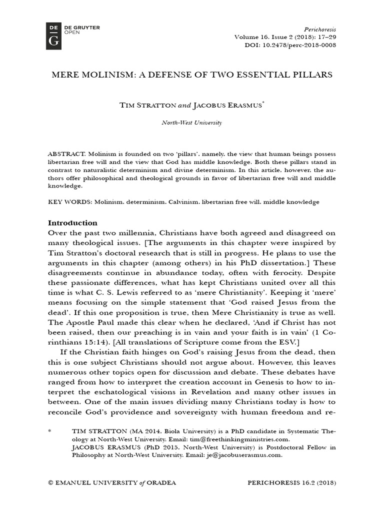 Mere Molinism A Defense of Two Essential | PDF | Free Will | Determinism