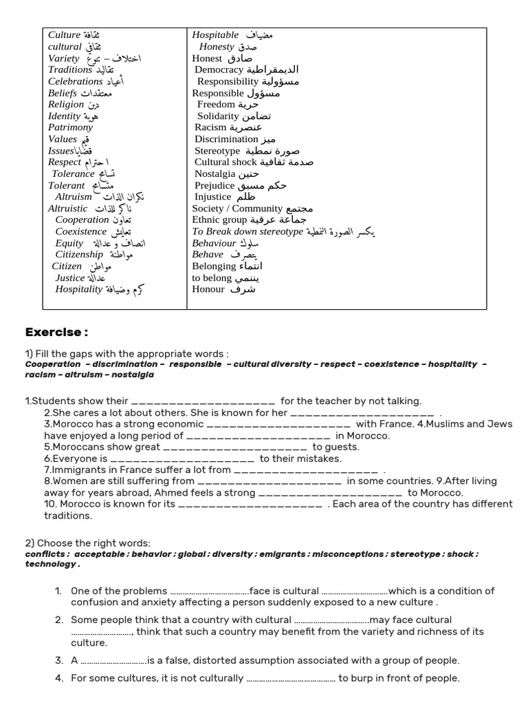 Unit 6 cultural values vocabulary | PDF