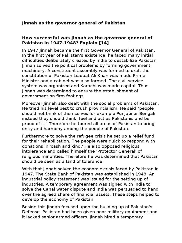 Jinnah's Impact as Pakistan's First Governor General | PDF | Muhammad ...