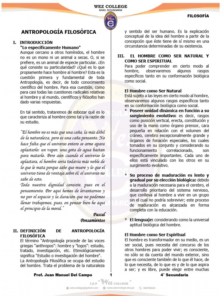4° FILOS. TEMA 02 ANTROPOLOGÍA FILÓSOFICA | PDF
