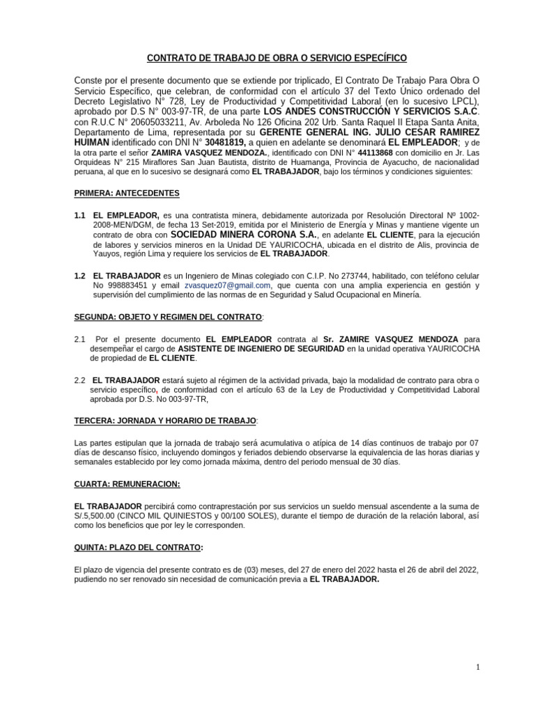 Modelo Contrato Asist. de Ing de Seguridad V0 | PDF | Derecho laboral | Finanzas y dinero
