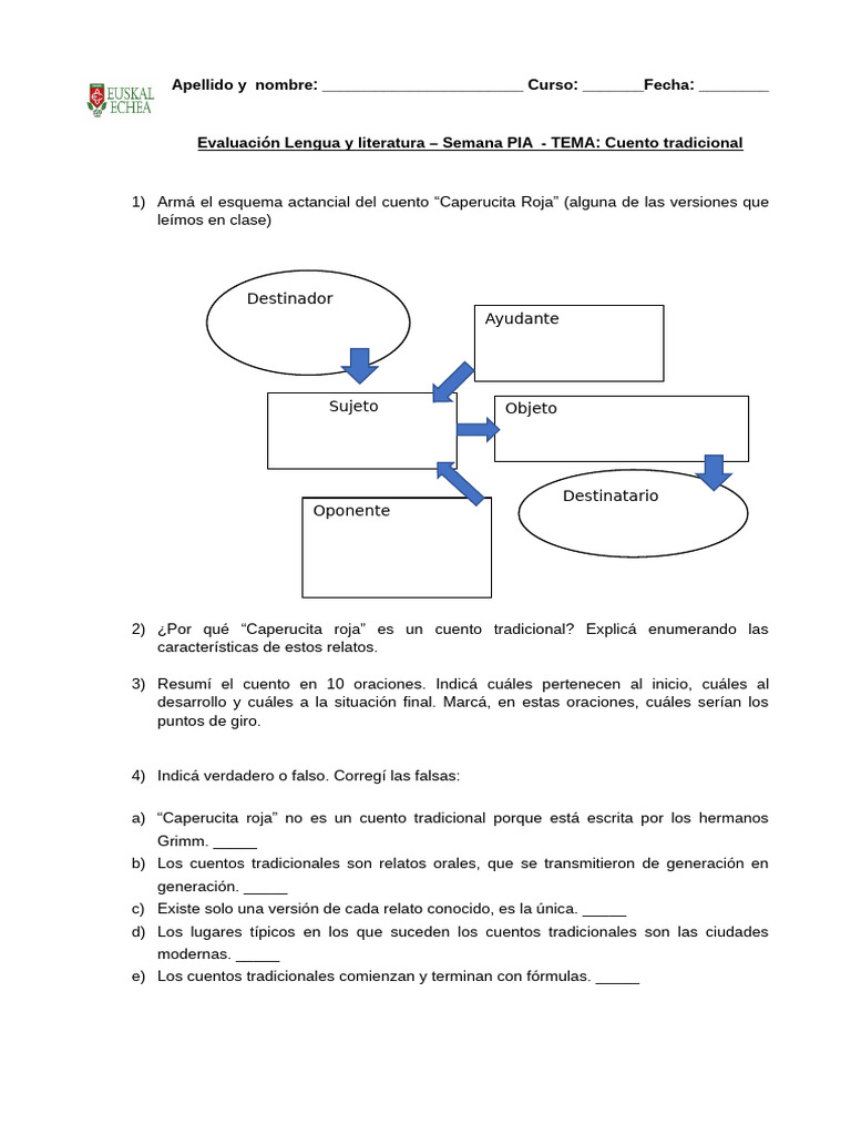Evaluación PIA - Cuento Tradicional | PDF