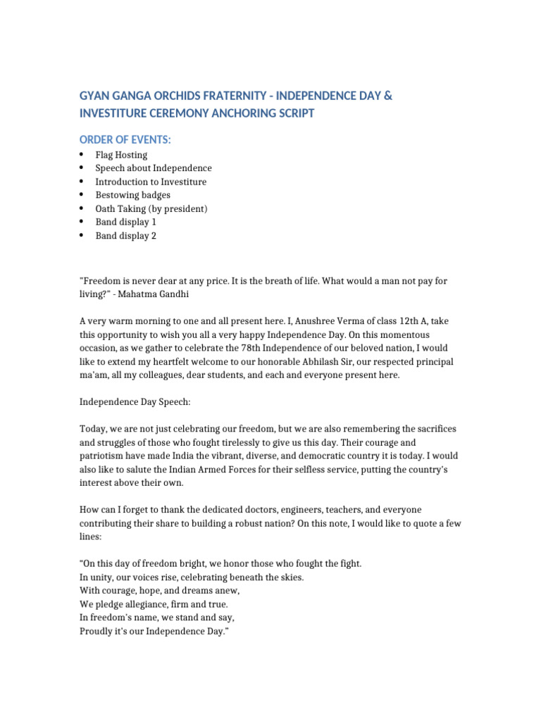 Independence Day Investiture Ceremony Anchoring Script | PDF