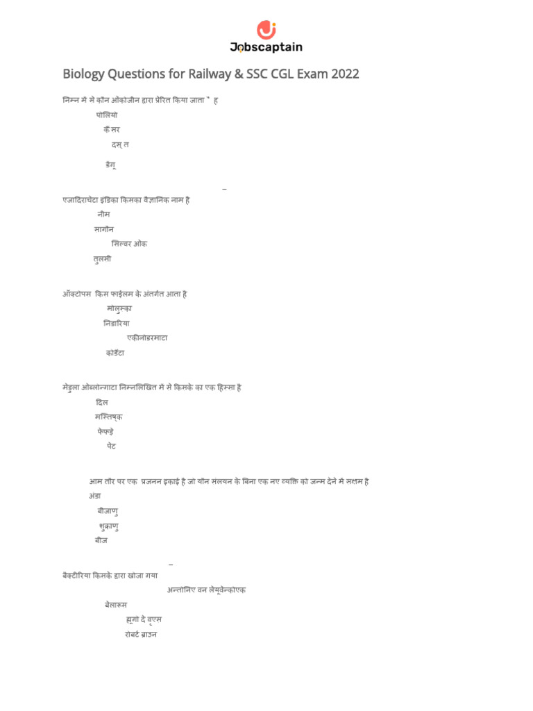 Biology Questions for Railway | PDF