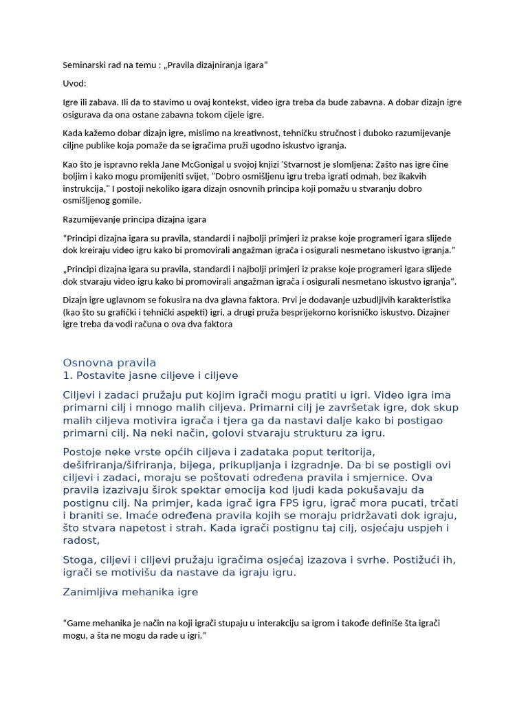 Seminarski Rad Na Temu Pravila Dizajniranja Igara | PDF