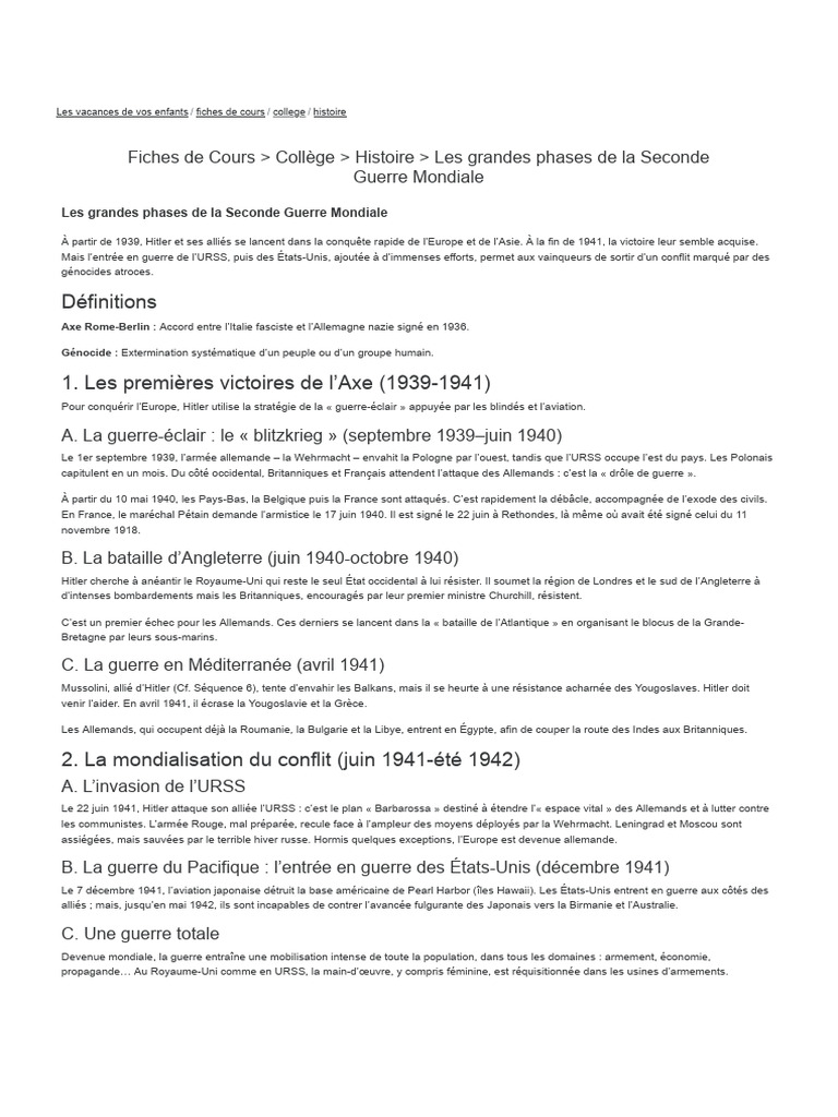 Les Grandes Phases de La Seconde Guerre Mondiale - Histoire - Fiches de ...