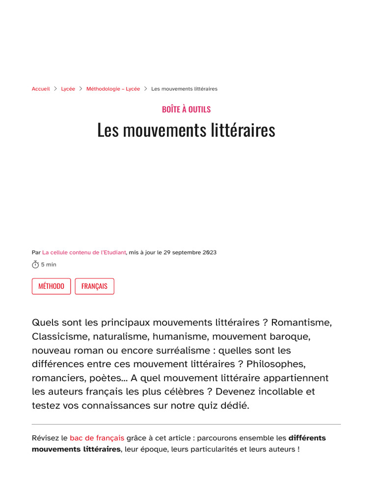 Les Mouvements Littéraires - L'Etudiant 2 | PDF