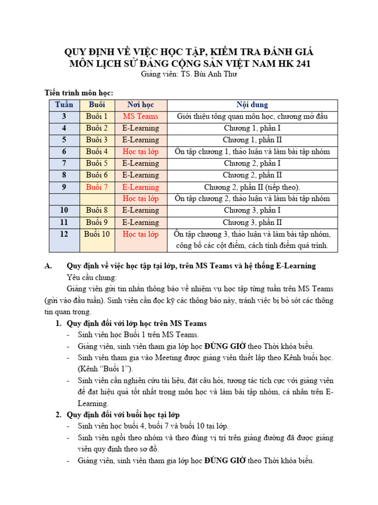 QUY ĐỊNH VỀ HỌC TẬP, ĐÁNH GIÁ MÔN LỊCH SỬ ĐẢNG CỘNG SẢN VIỆT NAM HK 241 | PDF