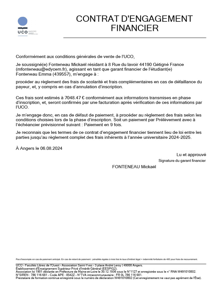 Contrat D'engagement Financier Signer - SEPA | PDF