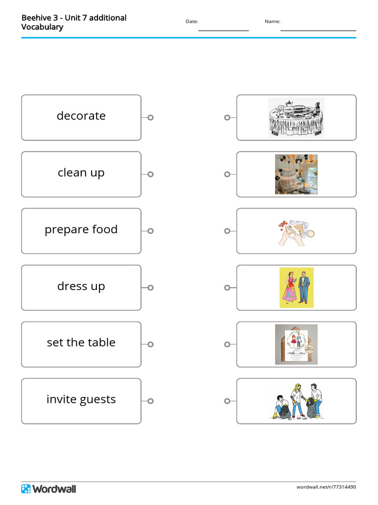 Beehive 3 Unit 7 Additional Vocabulary Match Up Line Drawing | PDF
