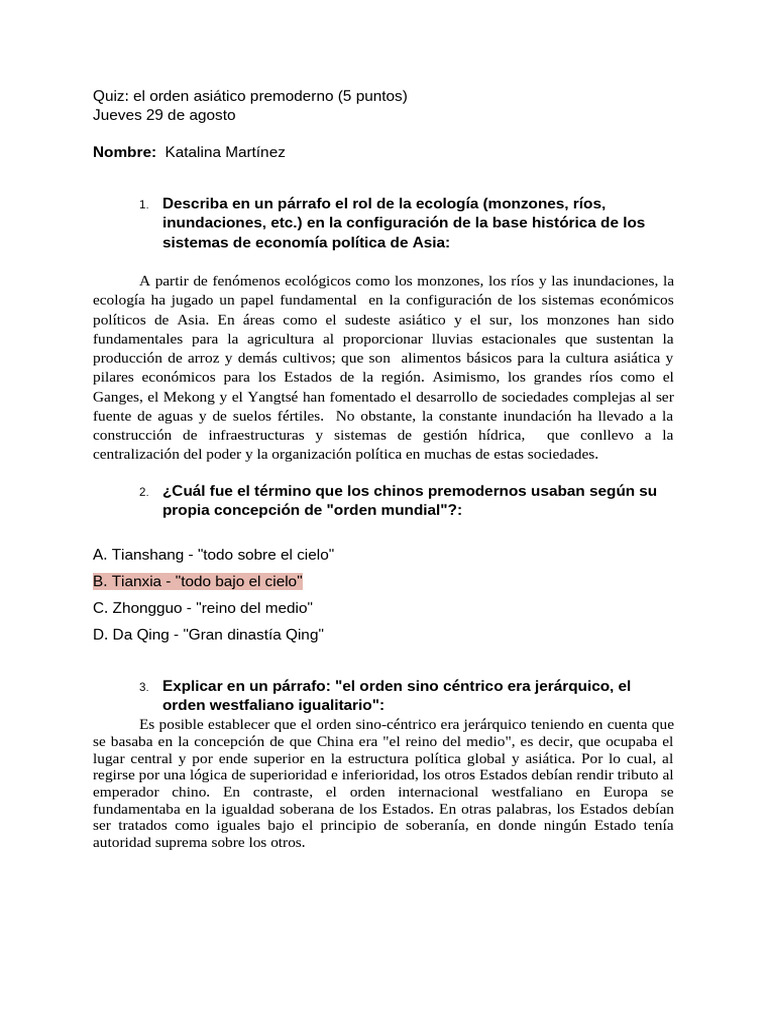 Quiz - El Orden Asiático Premoderno Katalina Martínez | PDF