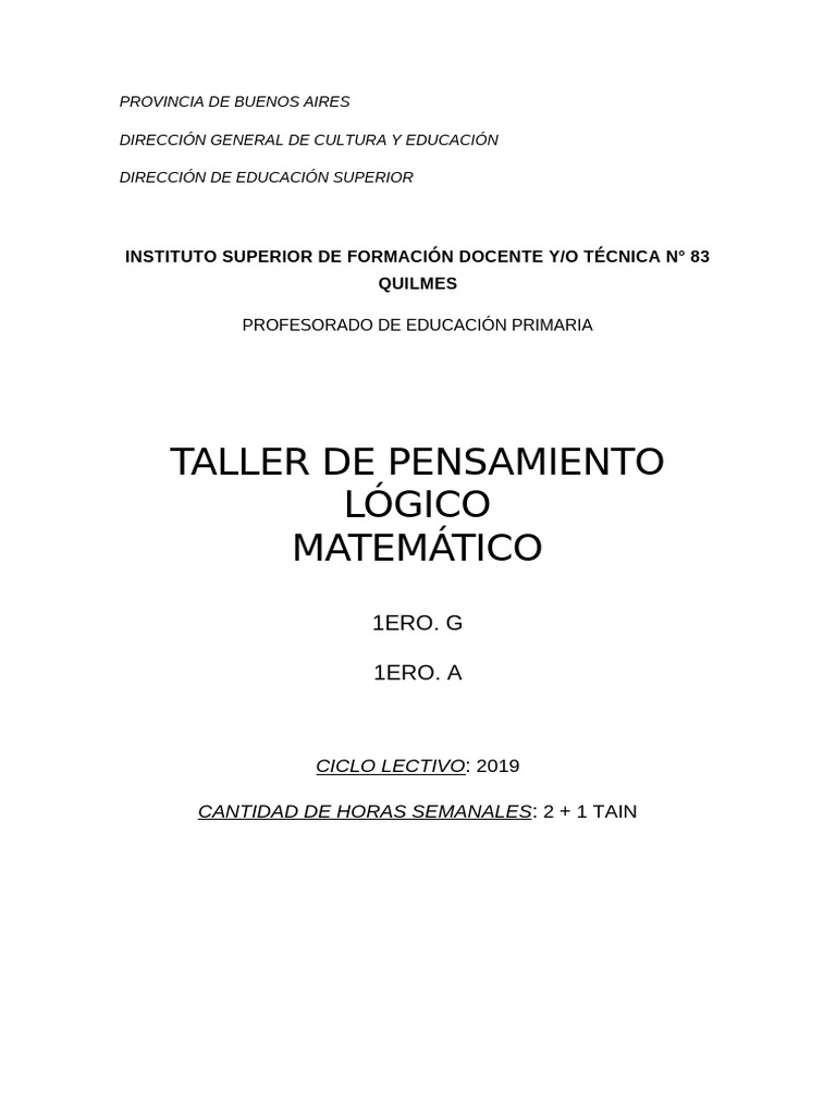 Programa Taller de Pensamiento Lógico - Romano | PDF