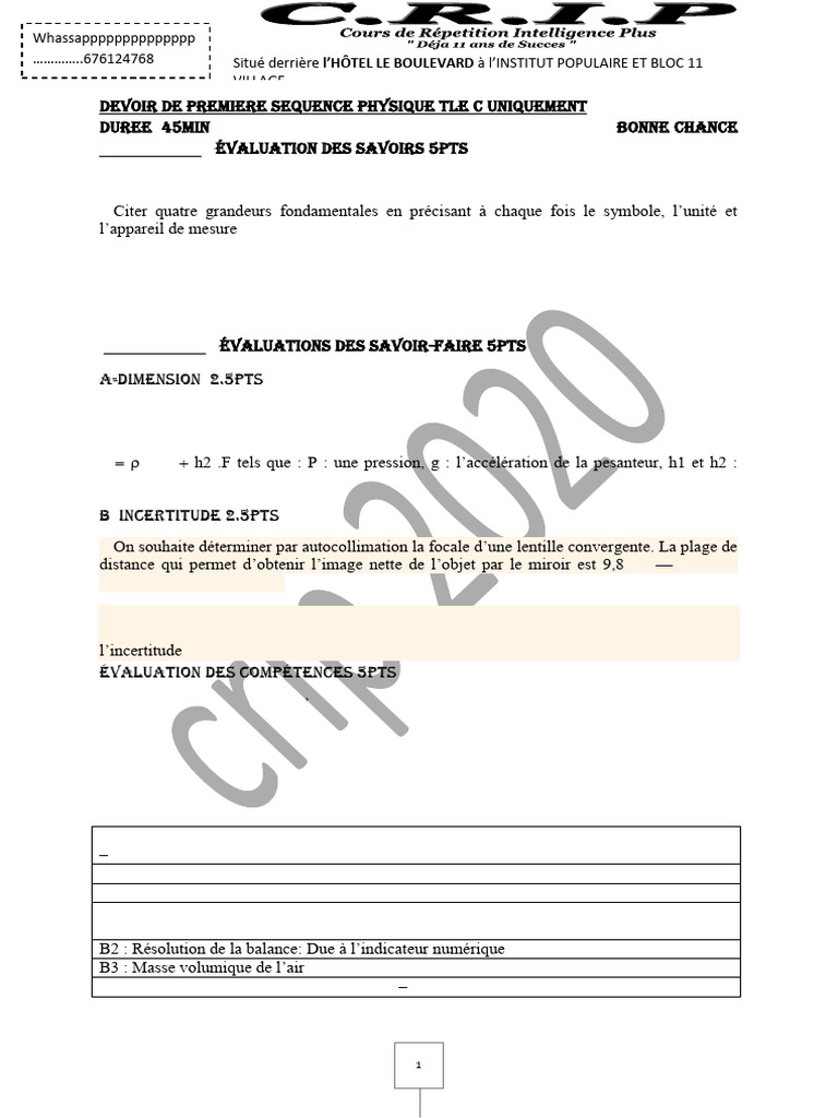 Devoir de Premiere Sequence Physique Tle C Uniquement-1 | PDF