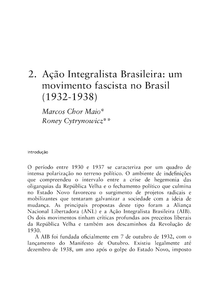 Texto Aula 4 Capítulo 2. Ação Integralista Brasileira | PDF