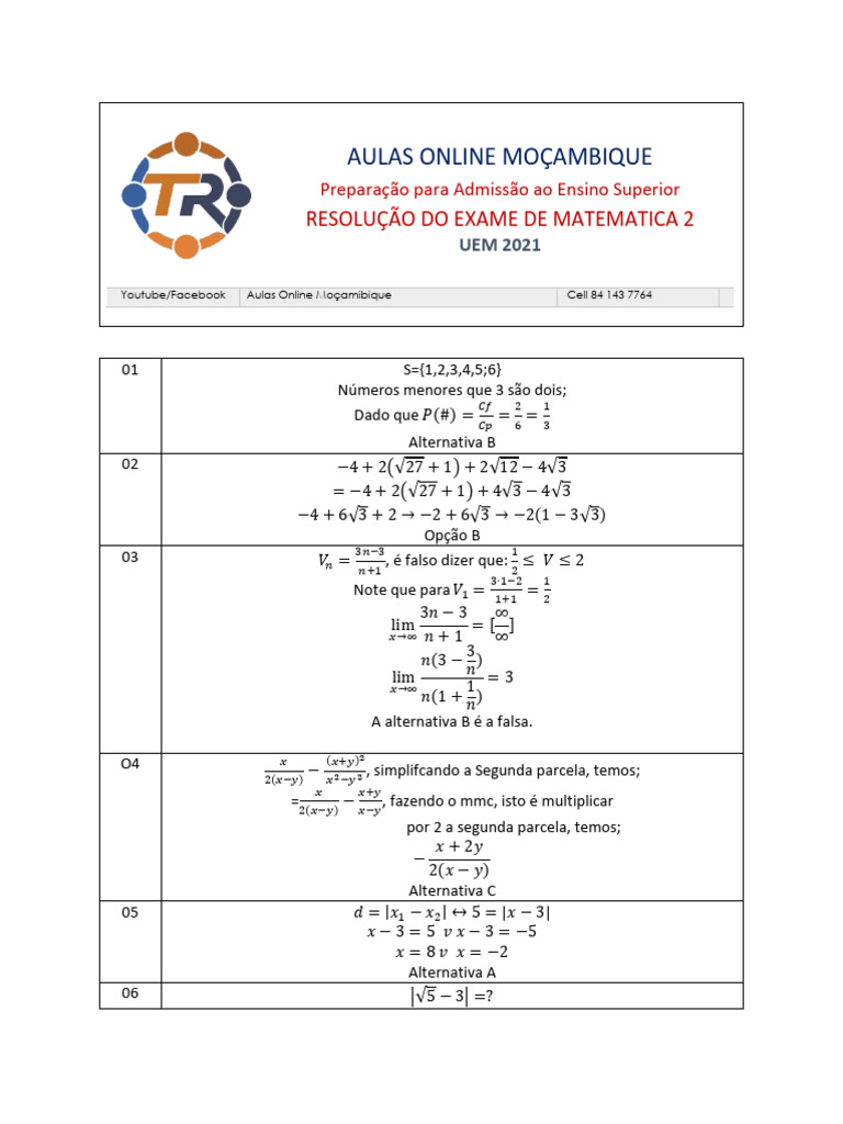 Matematica 2 UEM 2021 - Aulas Online Mocambique 2 | PDF