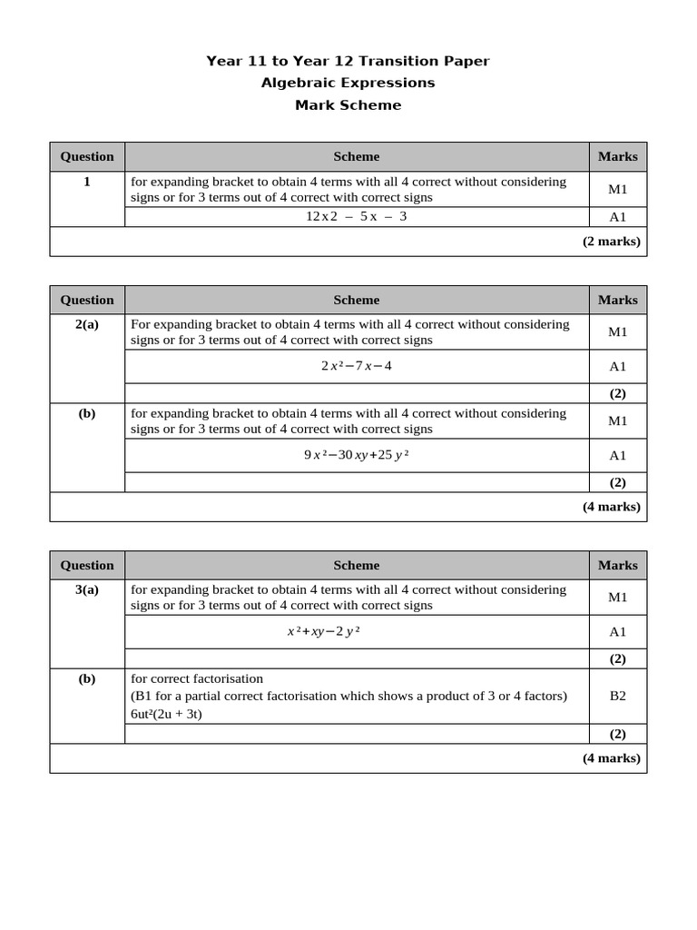 Chapter 1 Algebraic Expressions Mark Scheme | PDF